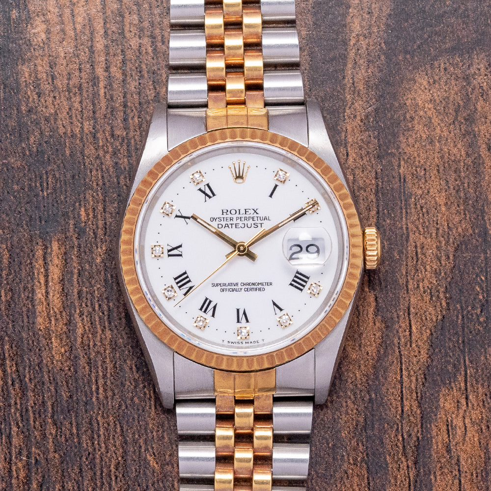 1991 Rolex Datejust 36mm White Roman 'Buckley' Diamond Dial 16233